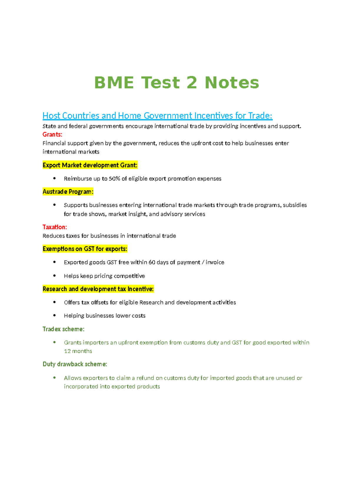 BME Test 2 Notes: Trade Incentives, Free Trade Agreements & Risks - Studocu