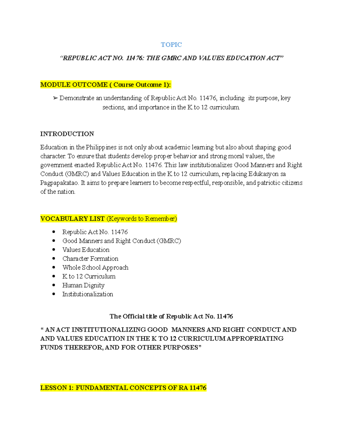 Module 2: Understanding RA 11476 - GMRC & Values Education in K to 12 ...