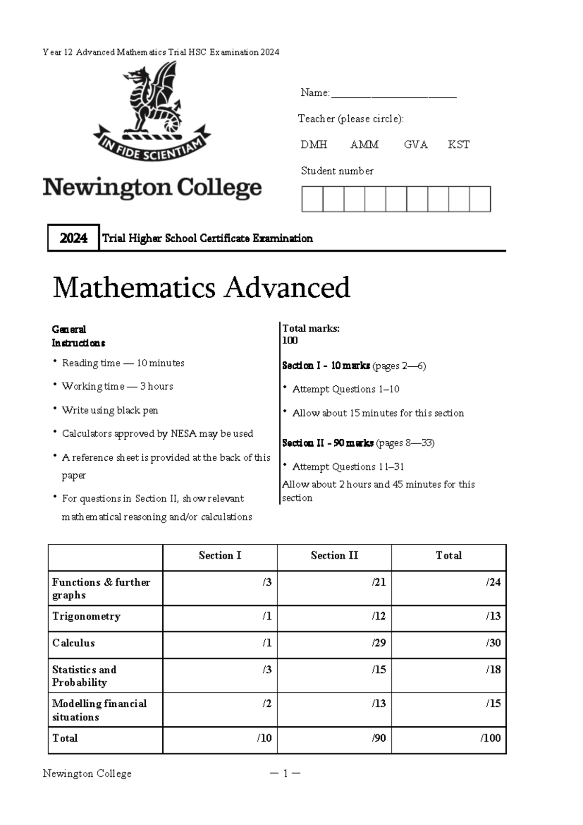 Newington College Year 12 Advanced Mathematics Trial HSC Exam 2024 ...