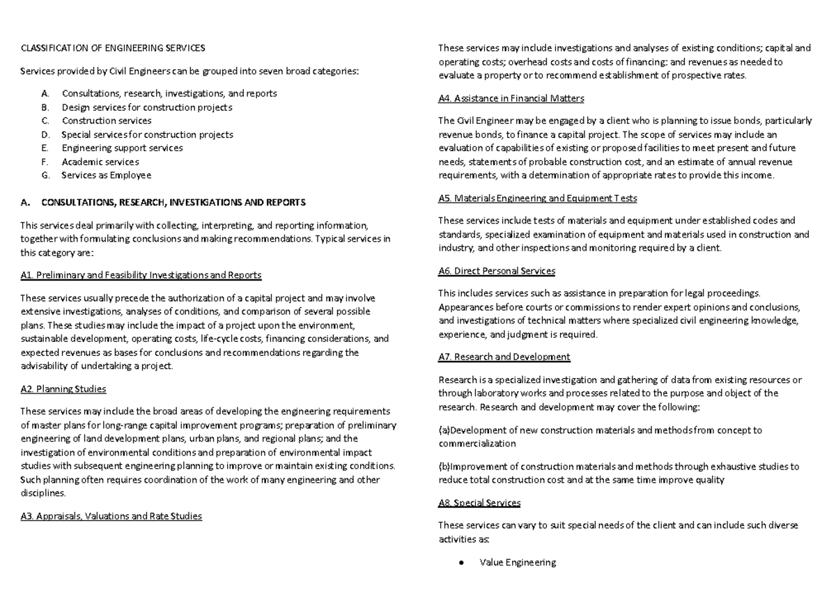 Classification of Engineering Services: An Overview of Categories - Studocu