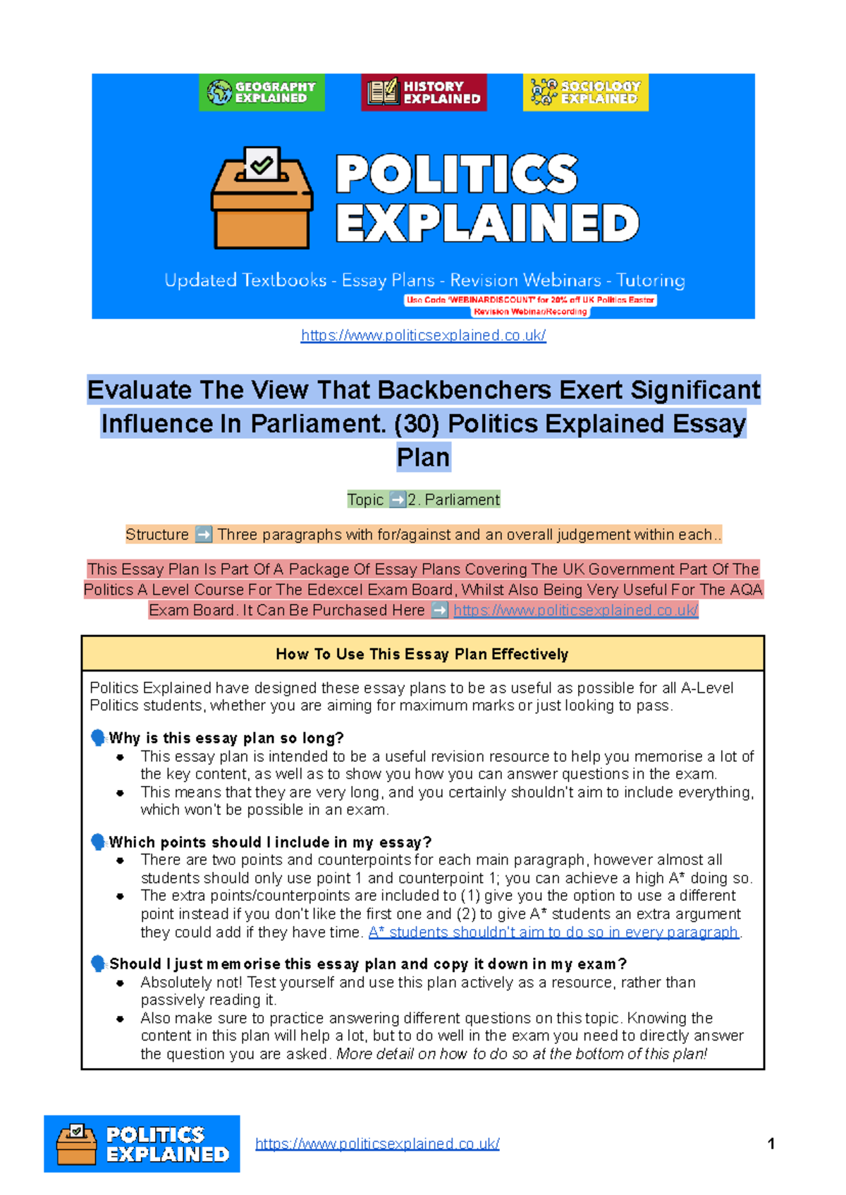 Backbenchers' Influence in Parliament: An Edexcel Politics Essay Plan ...