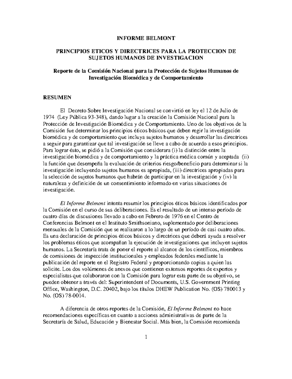 Informe Belmont: Principios Éticos y Directrices para la Protección de ...