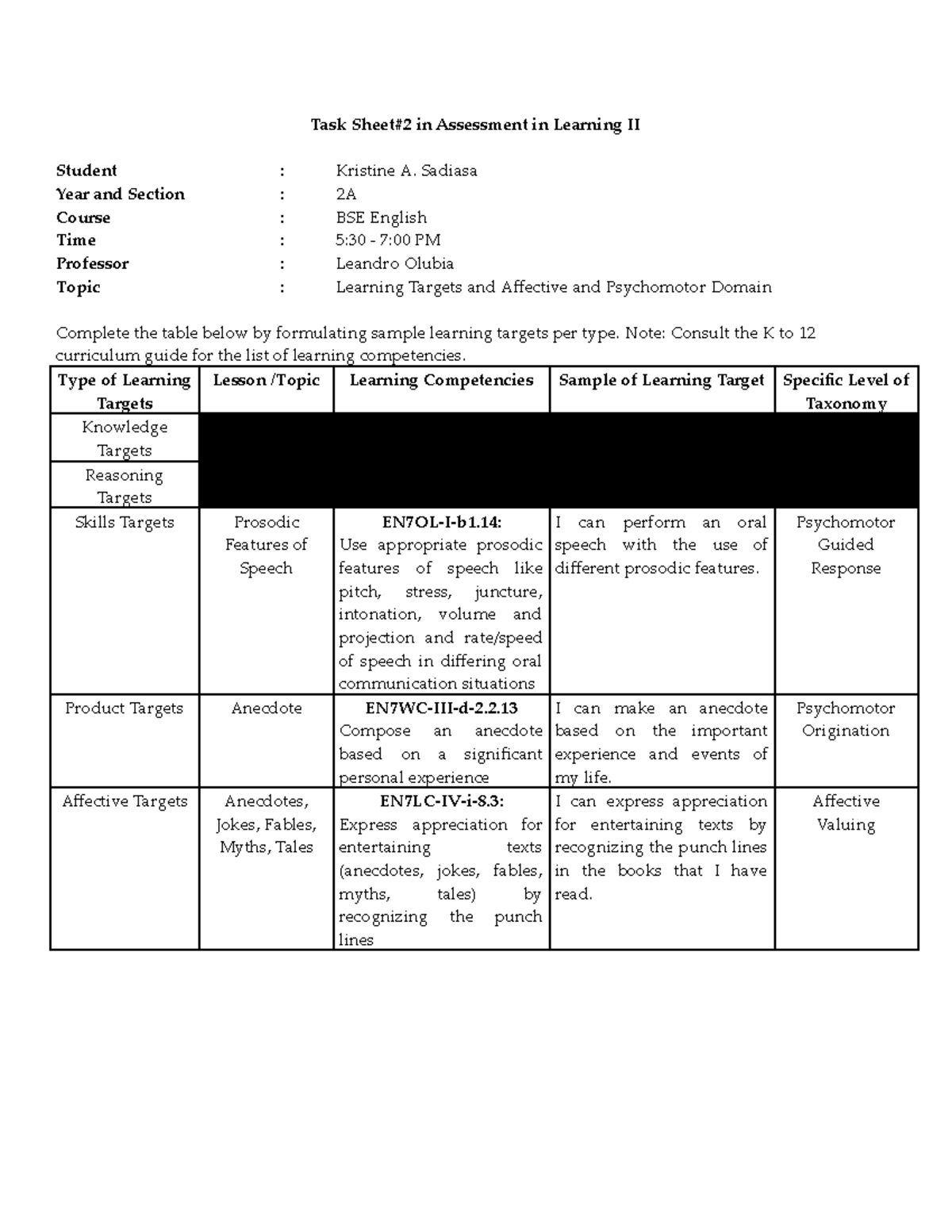 Assessment in Learning II: Task Sheet #2 on Learning Targets - Studocu