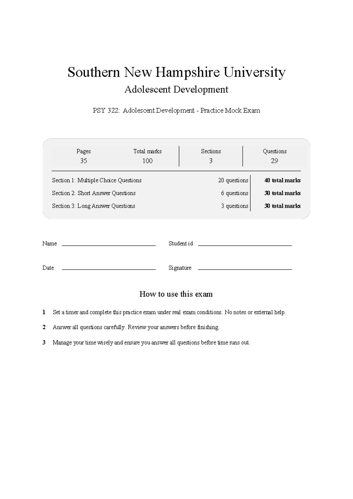 PSY 322: Adolescent Development SNHU Practice Mock Exam 2026 - Studocu