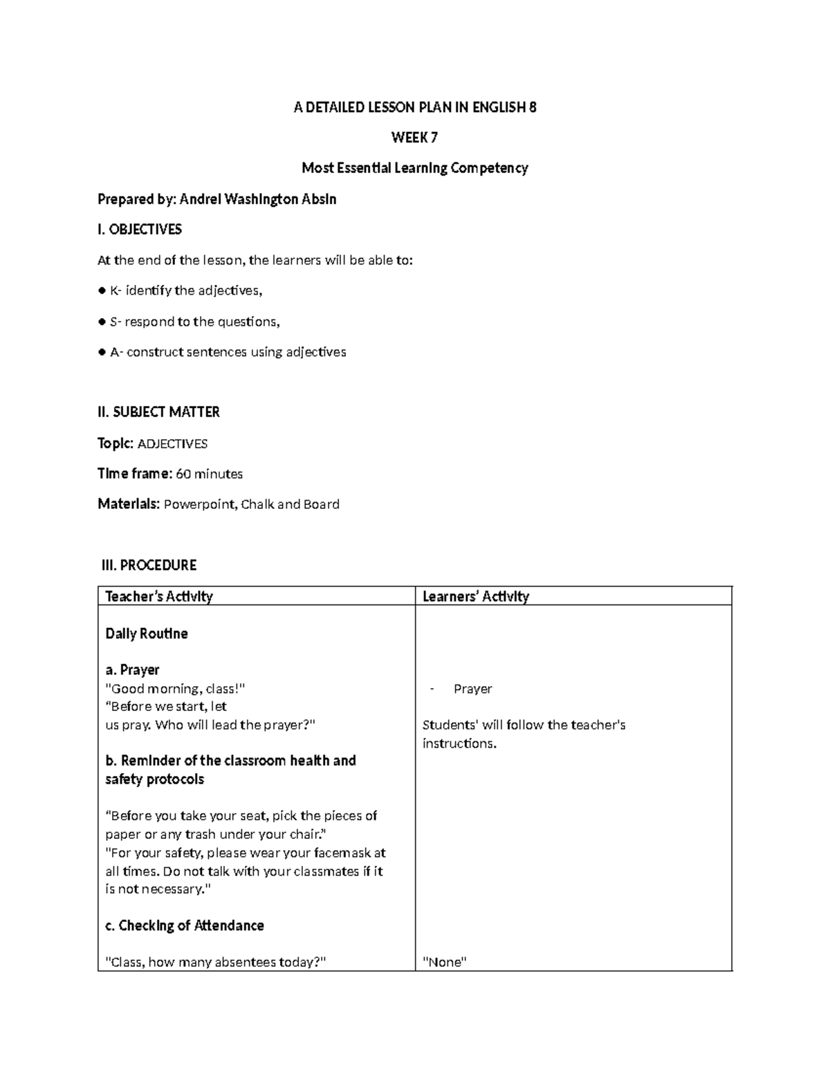 Detailed Lesson Plan: Understanding Adjectives for English 8 - Studocu