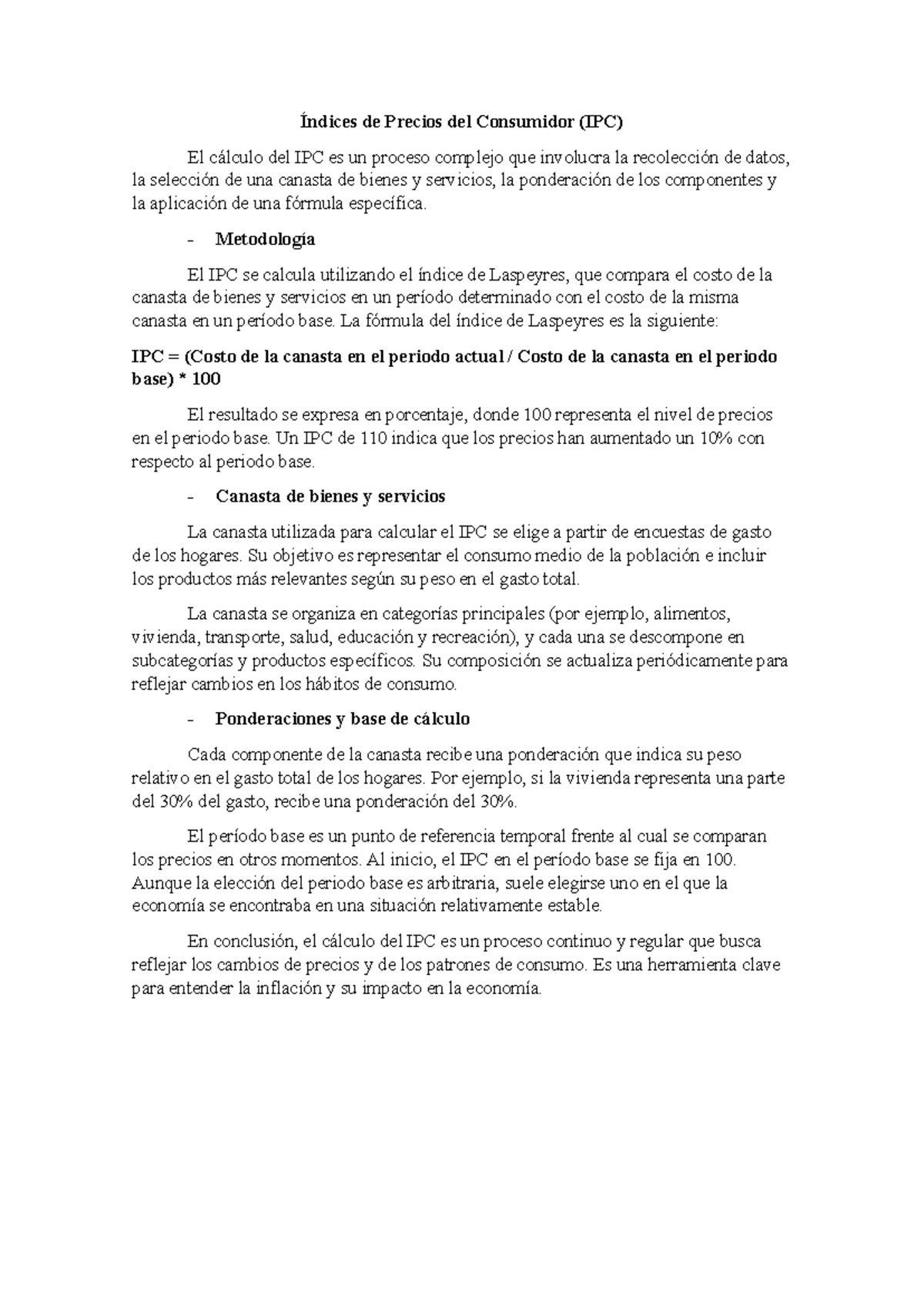 Cálculo del IPC: Metodología y Componentes Esenciales - Studocu