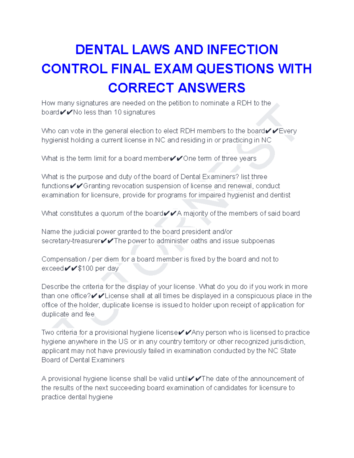 DENTAL LAWS & INFECTION CONTROL: FINAL EXAM Q&A (DENT 101) - Studocu