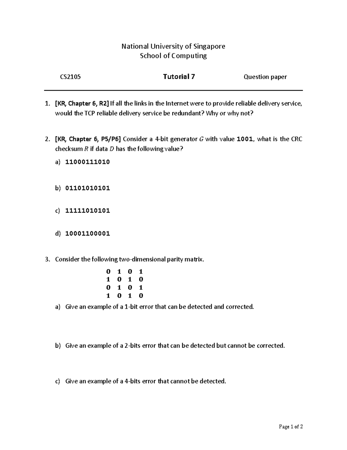 Tutorial 7 qns - Page 1 of 2 National University of Singapore School of Computing CS2105 ...