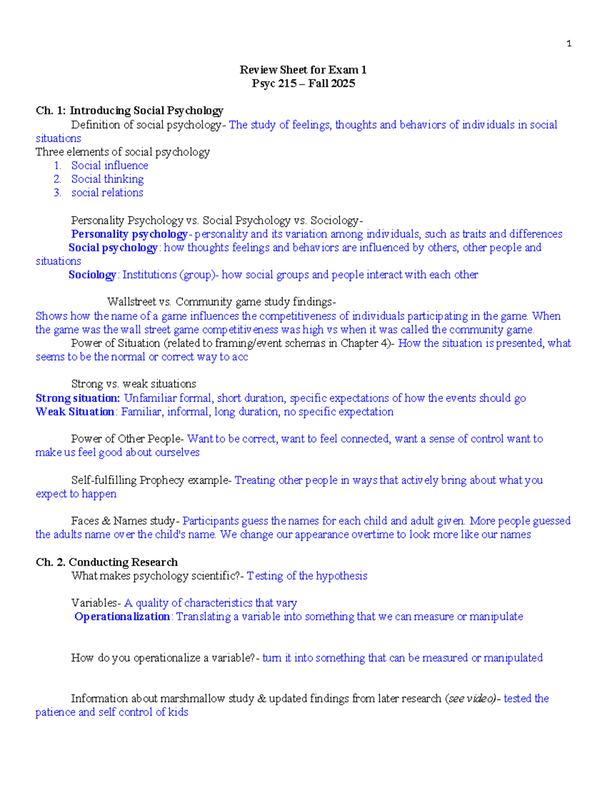 Review Sheet for Exam 1 - Psyc 215: Social Psychology Insights - Studocu