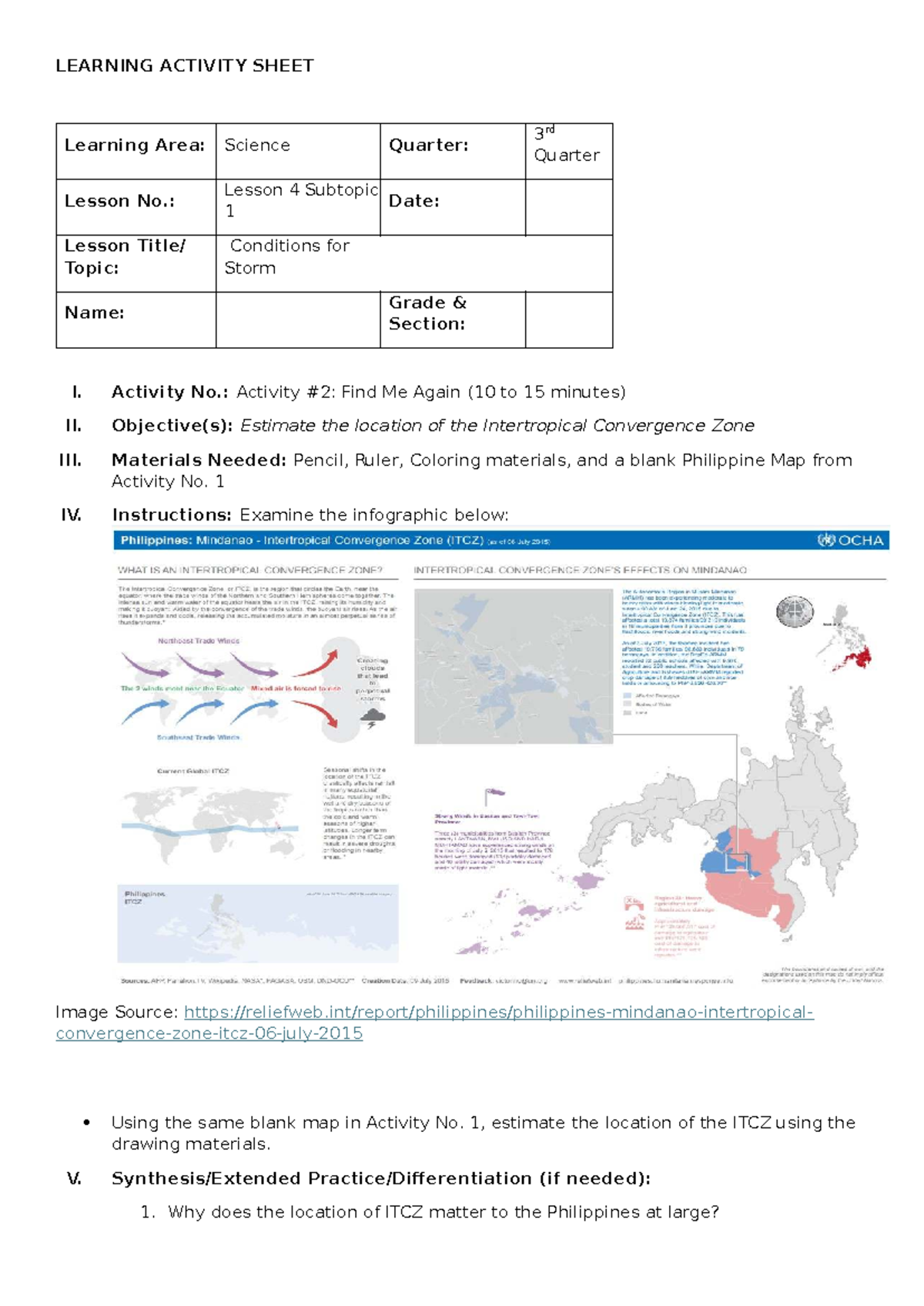 LEARNING ACTIVITY SHEET: Science Lesson 4 - Conditions for Storms - Studocu