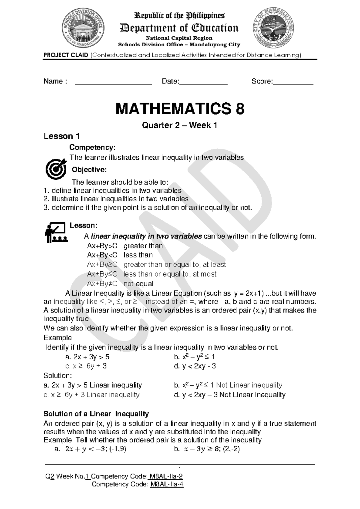 Mathematics 8 Q2 Week 1 Lesson 1: Understanding Linear Inequalities ...