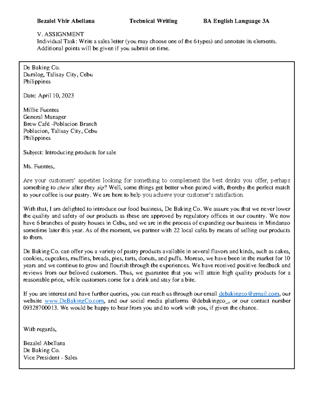 Sales Letter Sample - Annotated Elements for Technical Writing BA 3A ...