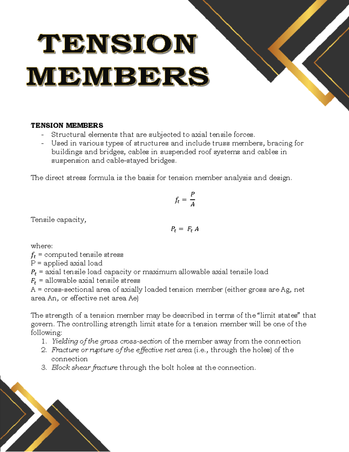 Tension Members in Steel Design: Key Concepts and Calculations - Studocu