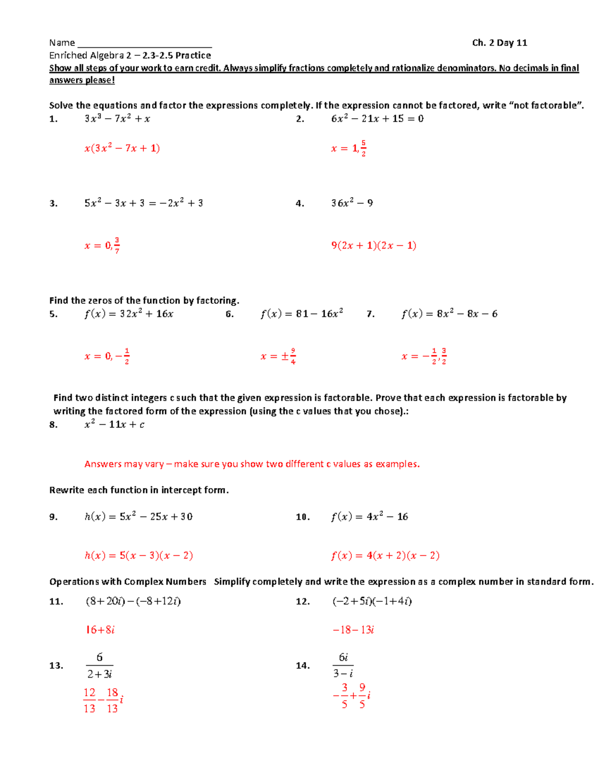 Algebra 2 Practice Key: Ch. 2 Day 11 Solutions (2.3-2.5) - Studocu
