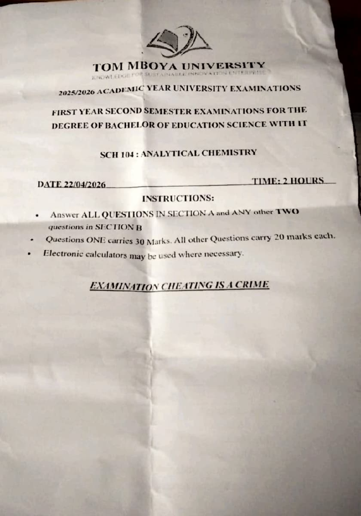 SCH 104: Analytical Chemistry Final Exam - 2026 - Studocu