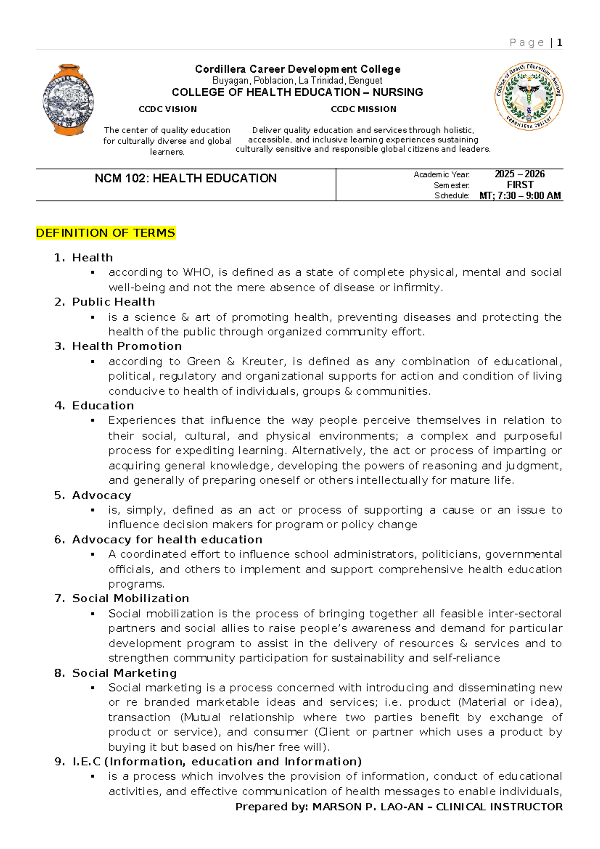 NCM 102: Health Education - Key Terms and Concepts - Studocu