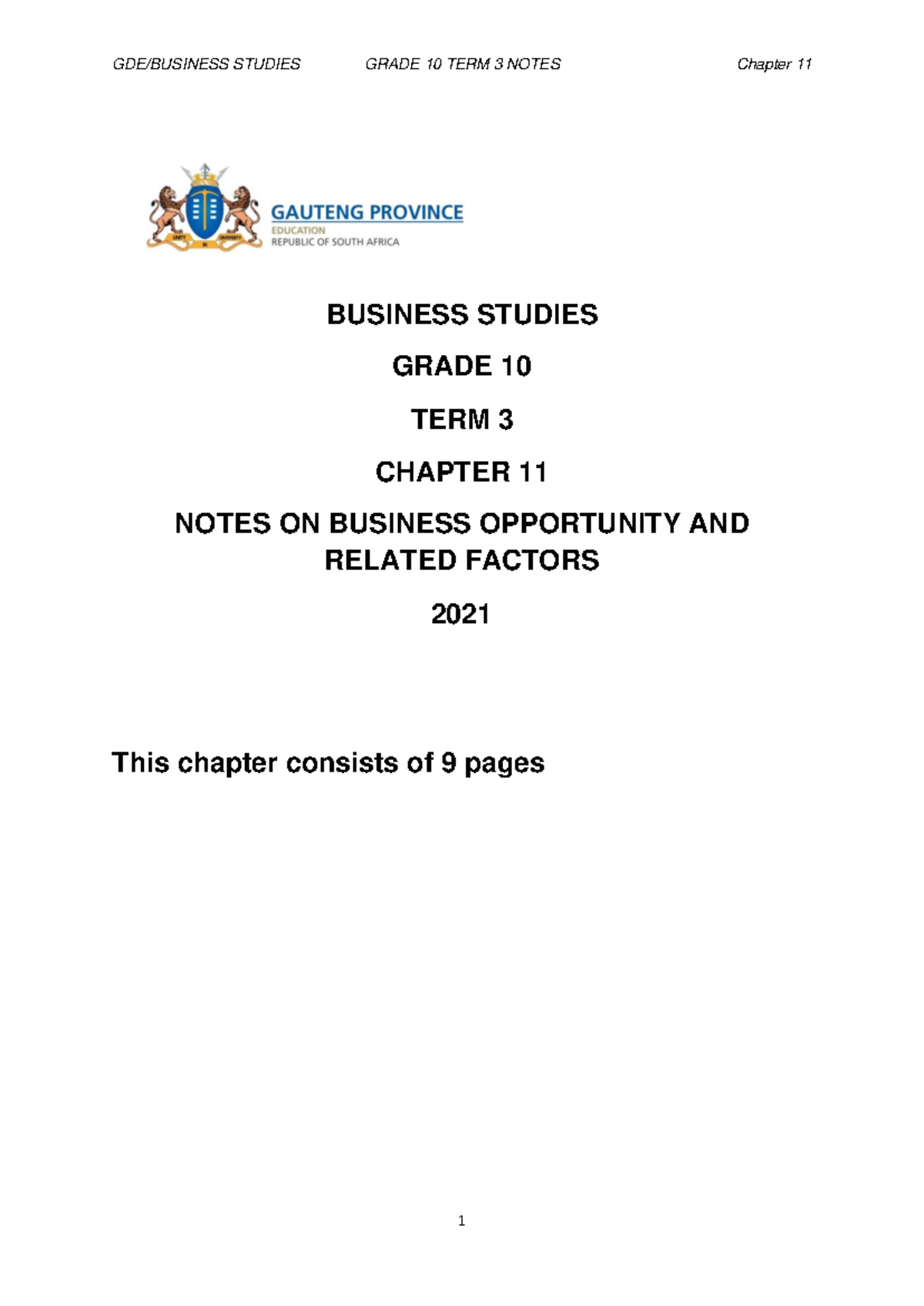 BSTD Grade 10 Term 3 Chapter 11: Understanding Business Opportunities ...