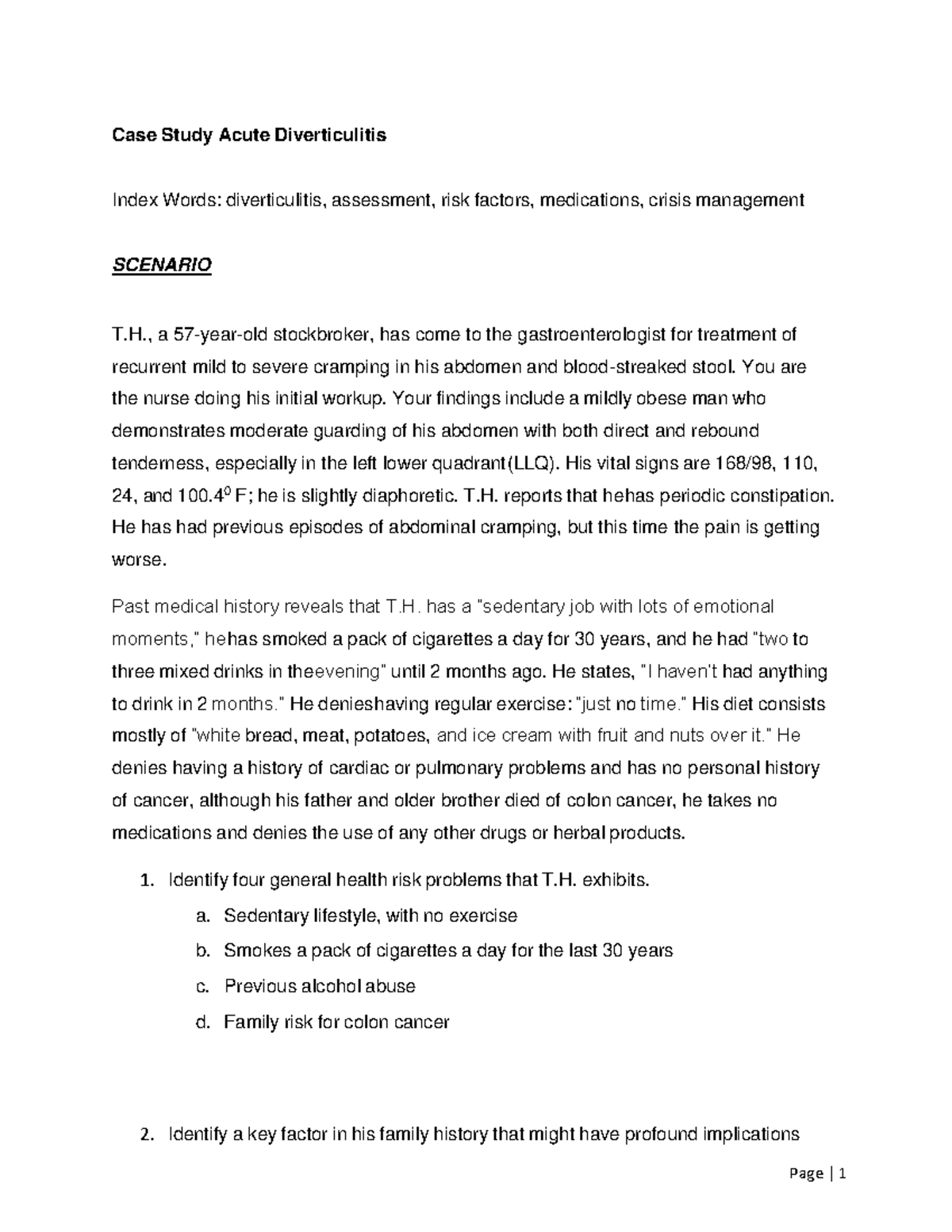Case Study: Management of Acute Diverticulitis in Patient T.H. - Studocu