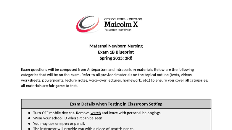 2R8 Maternal Newborn Nursing Exam 1B Study Guide Spring 2025 - Studocu