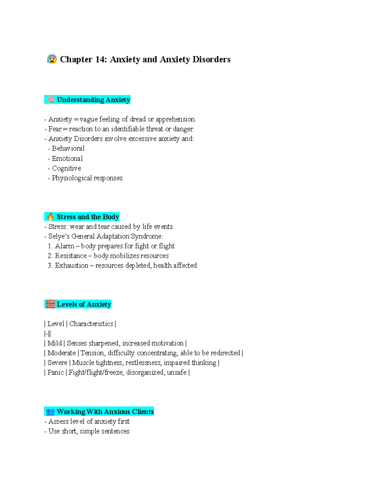 Ch. 14: Understanding Anxiety & Anxiety Disorders - Psych Notes - Studocu