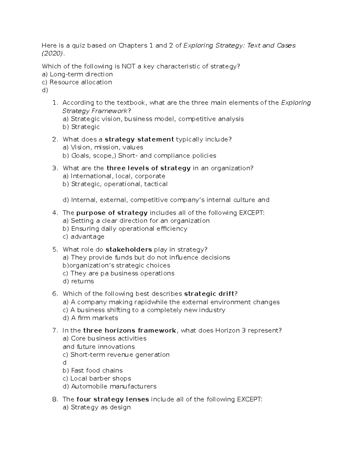 Quiz 2 Practice on Chapters 1 & 2 of Exploring Strategy (2020) - Studocu