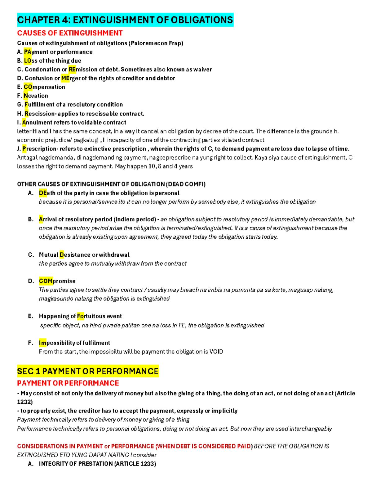 Obligation and Contracts - CHAPTER 4: EXTINGUISHMENT OF OBLIGATIONS CAUSES OF EXTINGUISHMENT ...