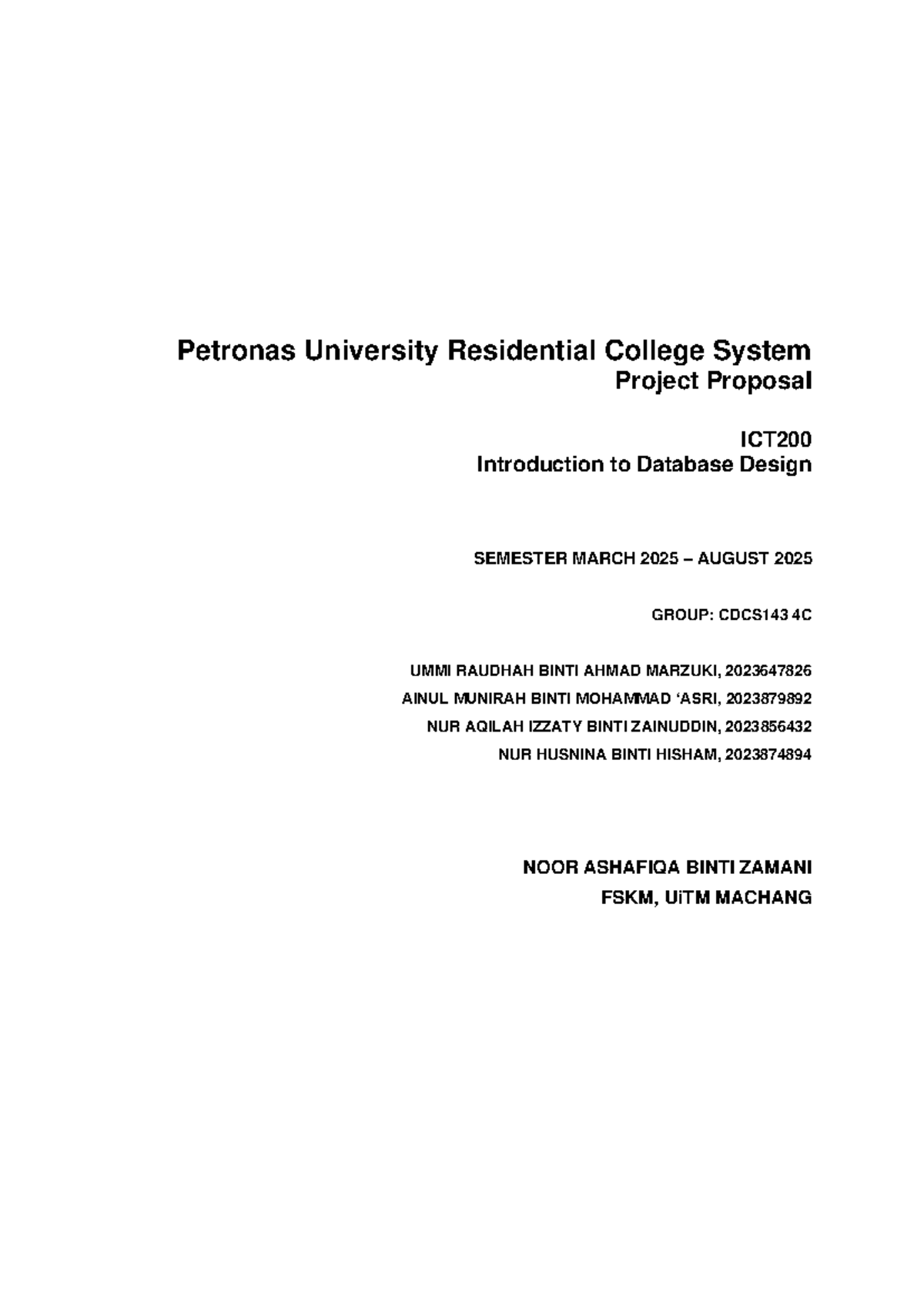 Proposal for Petronas University Residential College System ICT200 ...
