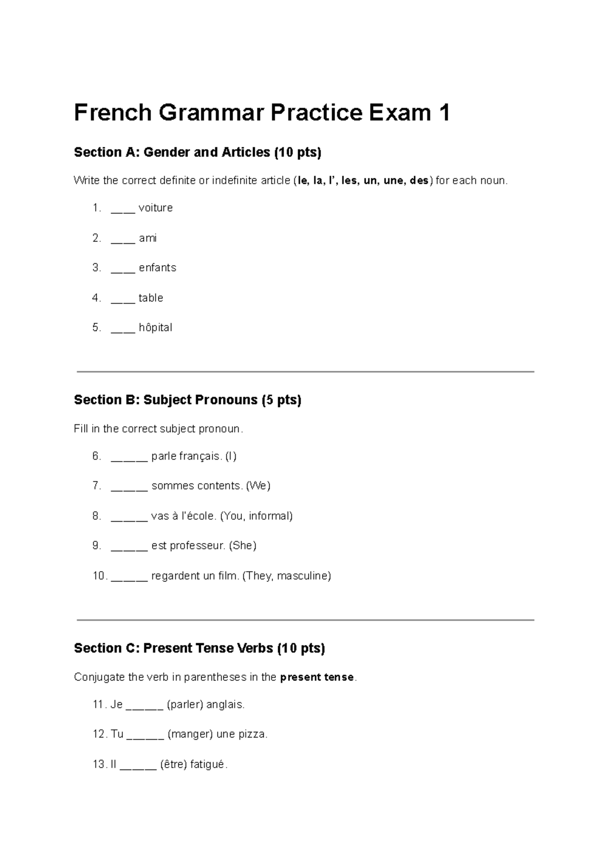 French Grammar Practice Exam 1: Gender, Pronouns & Verbs - Studocu