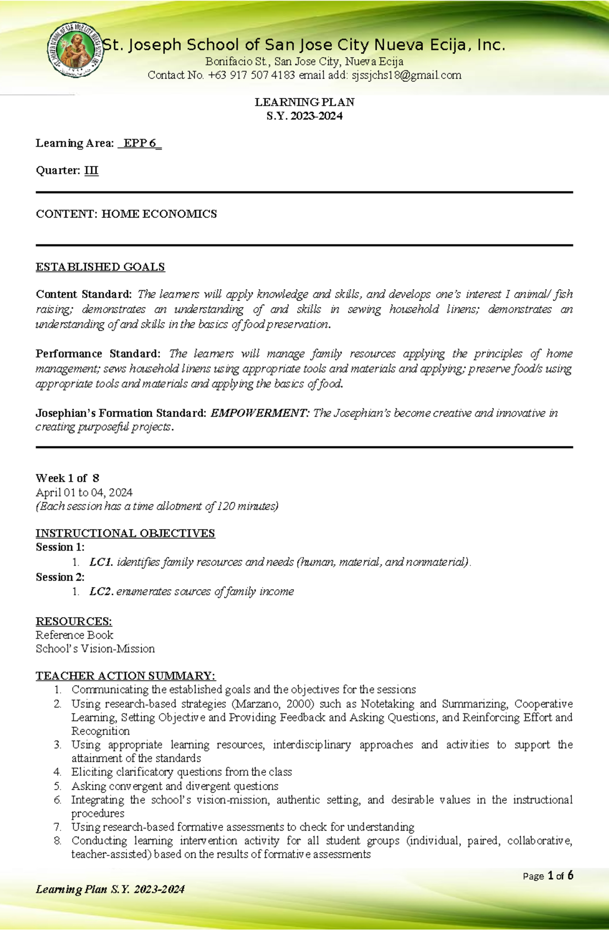 Q3 - EPP 6 Week 1 - Home Economics Learning Plan & Activities - Studocu