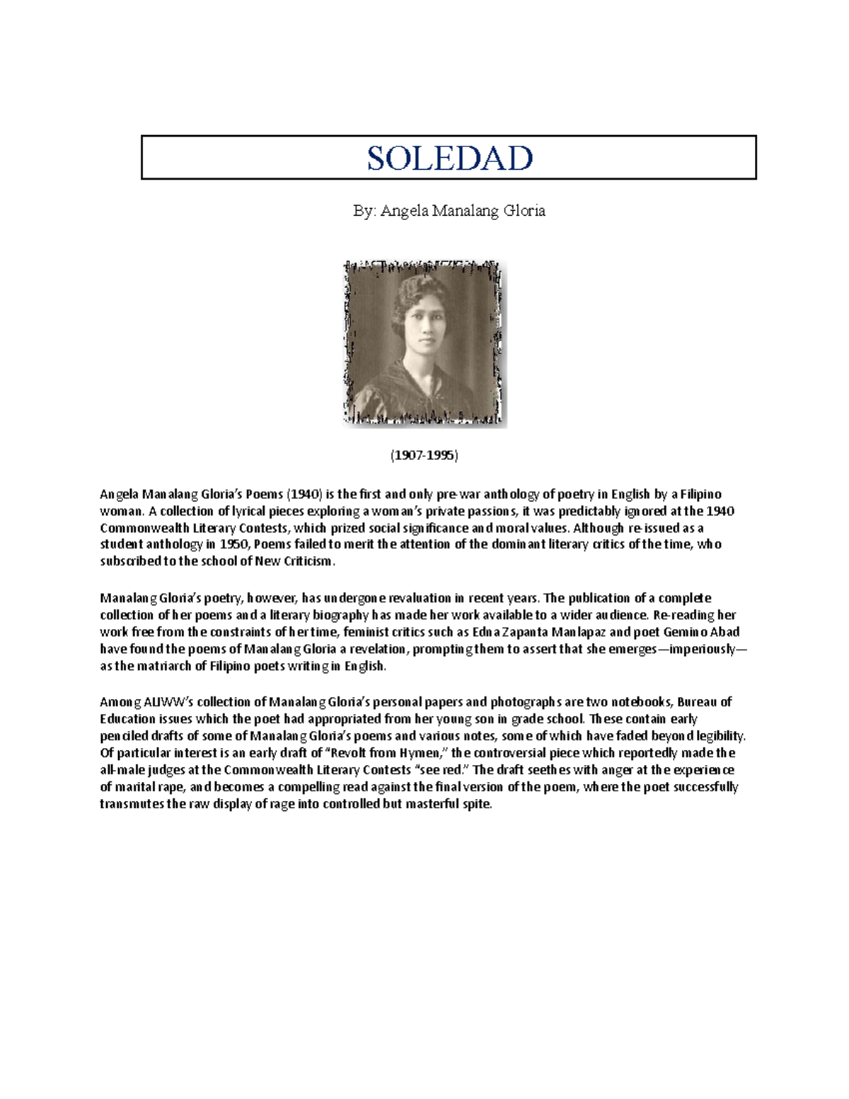 Soledad - SOLEDAD By: Angela Manalang Gloria (1907-1995) Angela ...