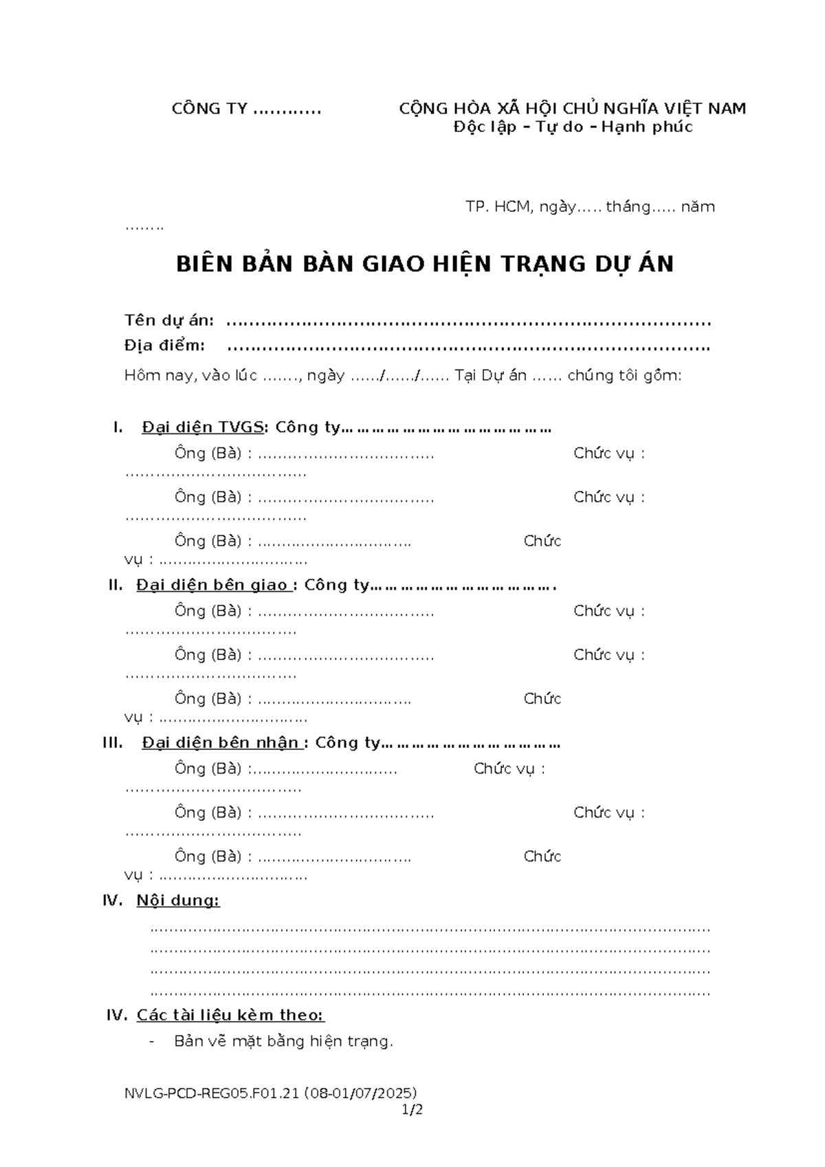 NVLG-PCD-REG05.F01.21 Biên Bản Bàn Giao Hiện Trạng Dự Án - Studocu