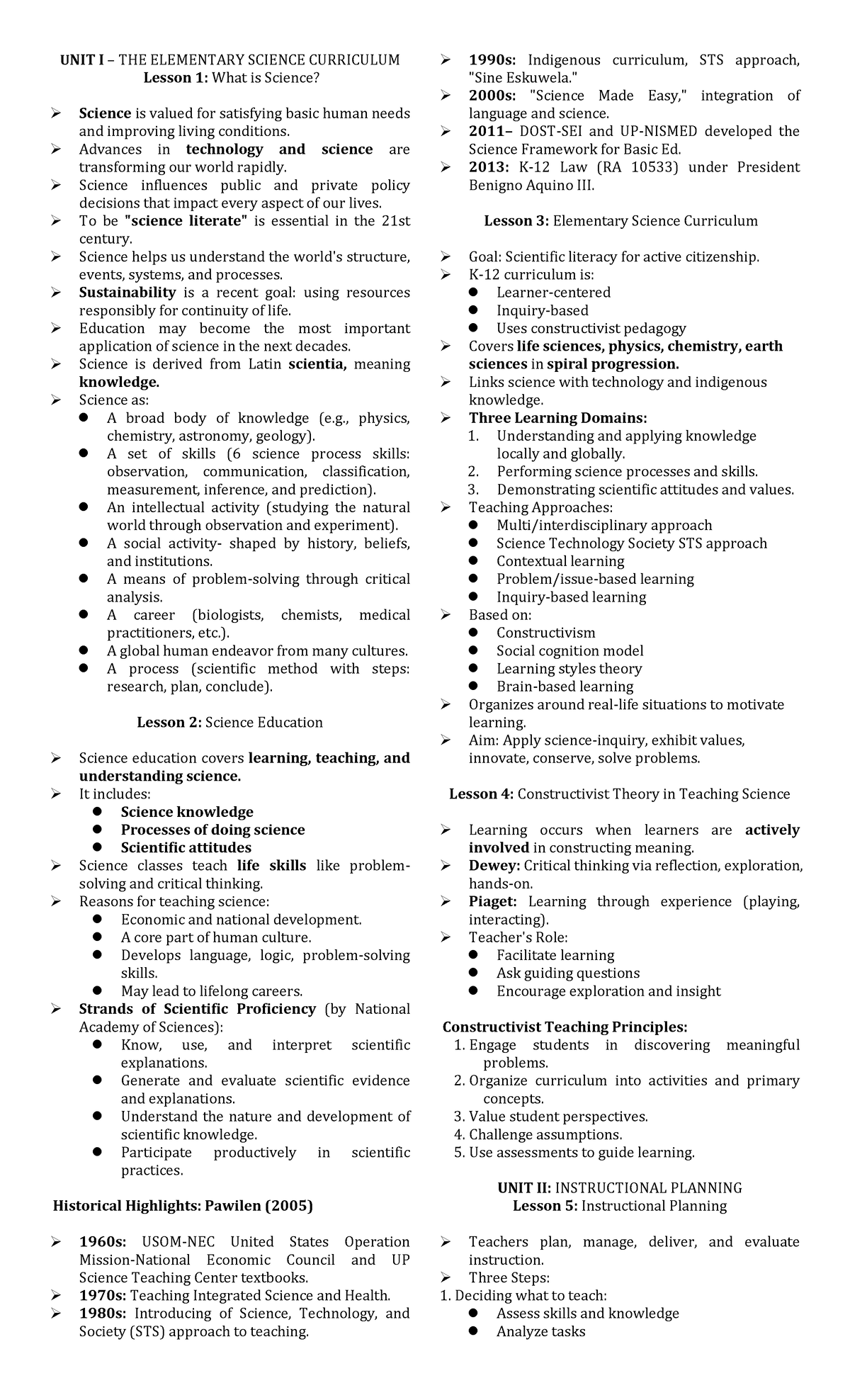 UNIT I SCIENCE CURRICULUM REVIEWER: LESSONS ON SCIENCE EDUCATION - Studocu