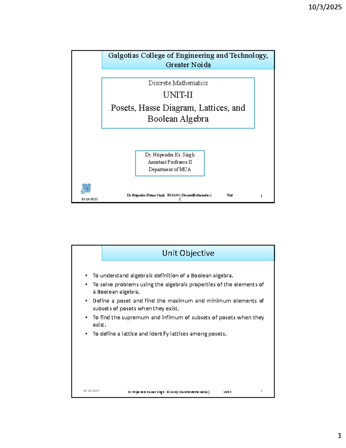 DM KCA104 Discrete Mathematics Unit II Notes: Posets, Lattices ...
