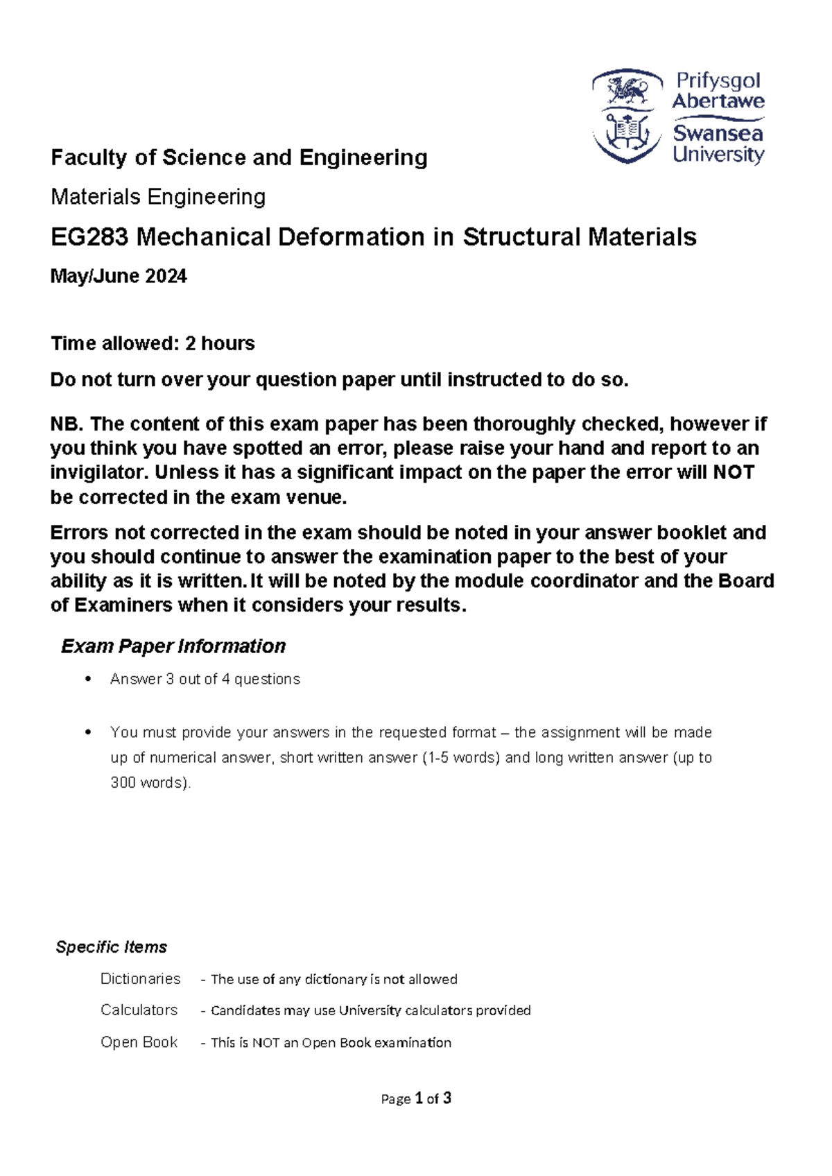 EG283 Exam: Mechanical Deformation in Structural Materials 2024 - Studocu