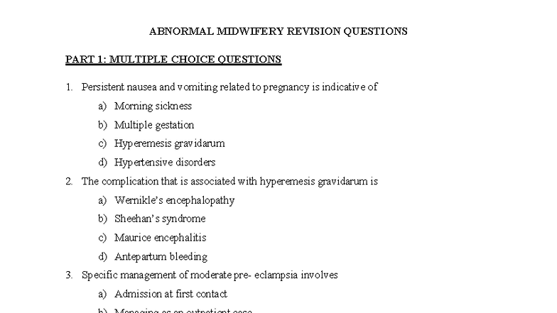 ABNORMAL MIDWIFERY REVISION QUESTIONS PART 1: MCQs & TRUE/FALSE - Studocu