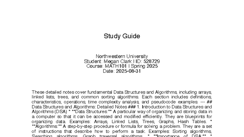 MATH101 Spring 2025: Data Structures & Algorithms Study Guide - Studocu