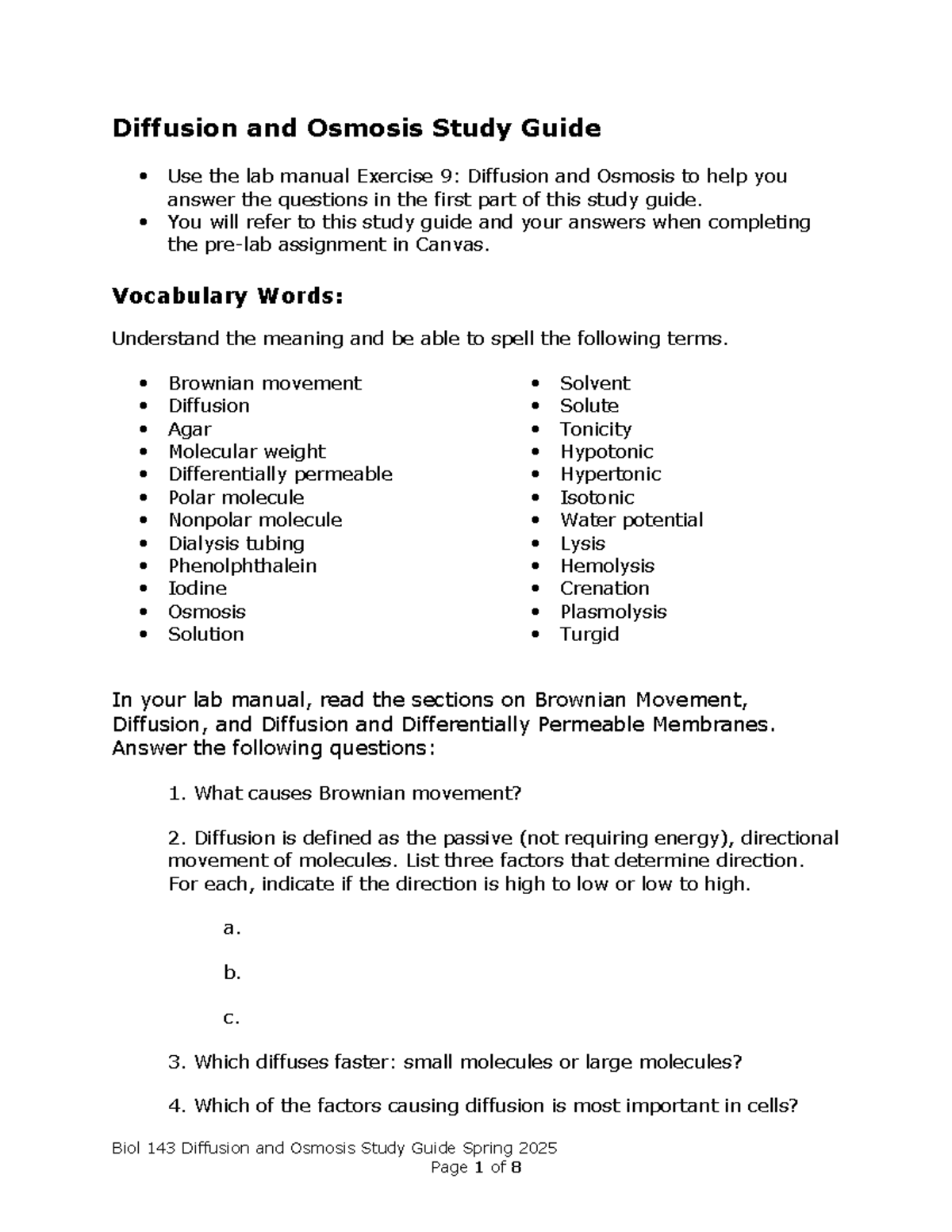 Biol 143 Diffusion and Osmosis Study Guide - Spring 2025 - Studocu
