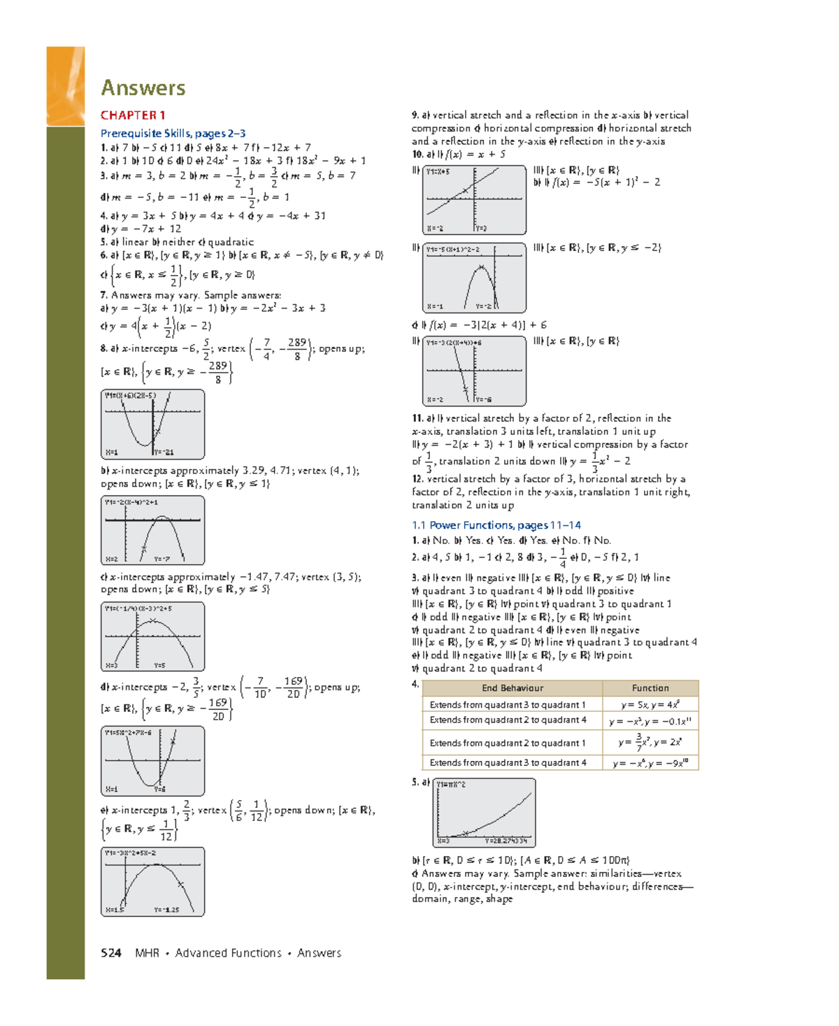 Advanced Functions 524 MHR Answers and Solutions - Answers CHAPTER 1 ...
