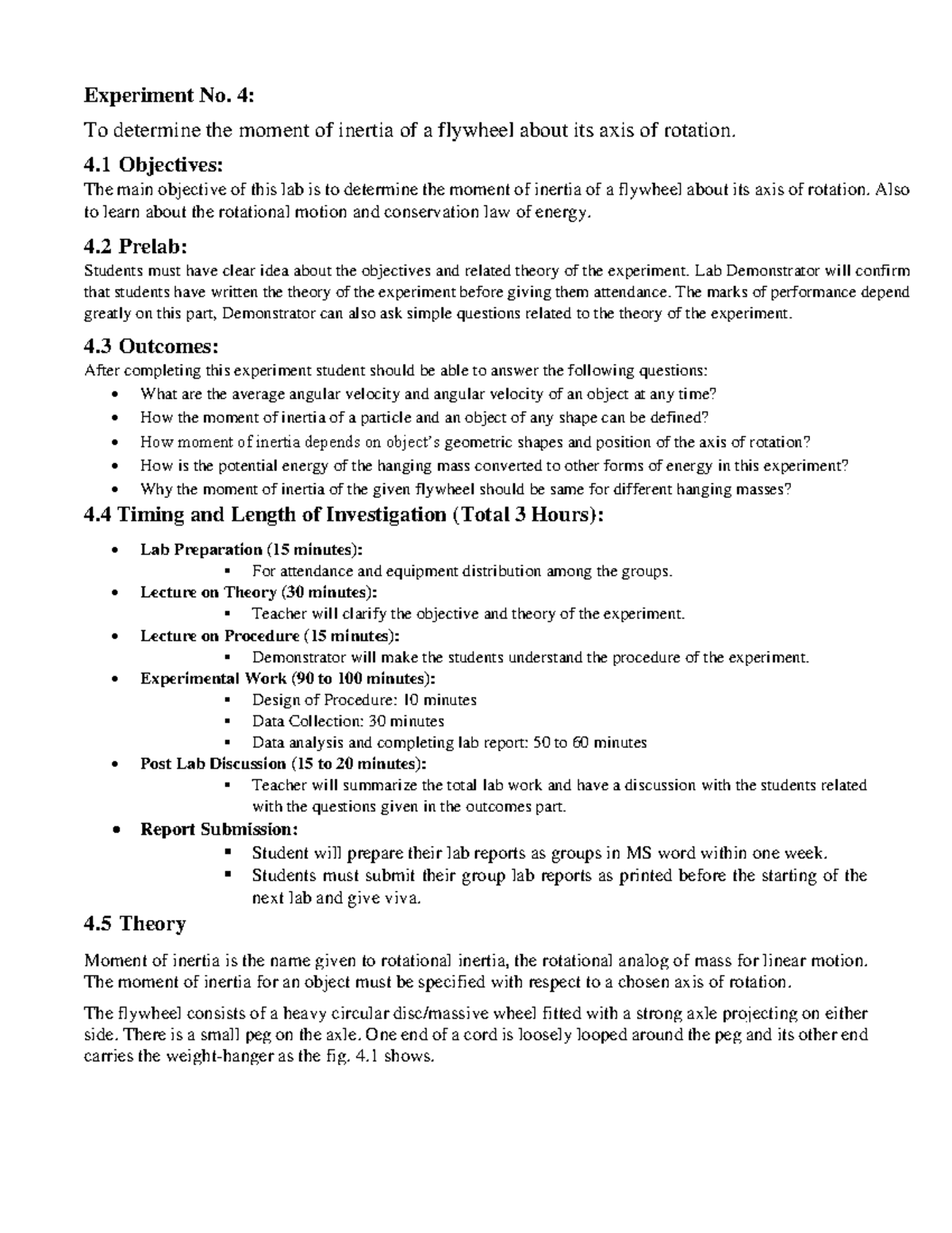 Physics 1 Lab Manual: Experiment 4 - Moment of Inertia of Flywheel ...