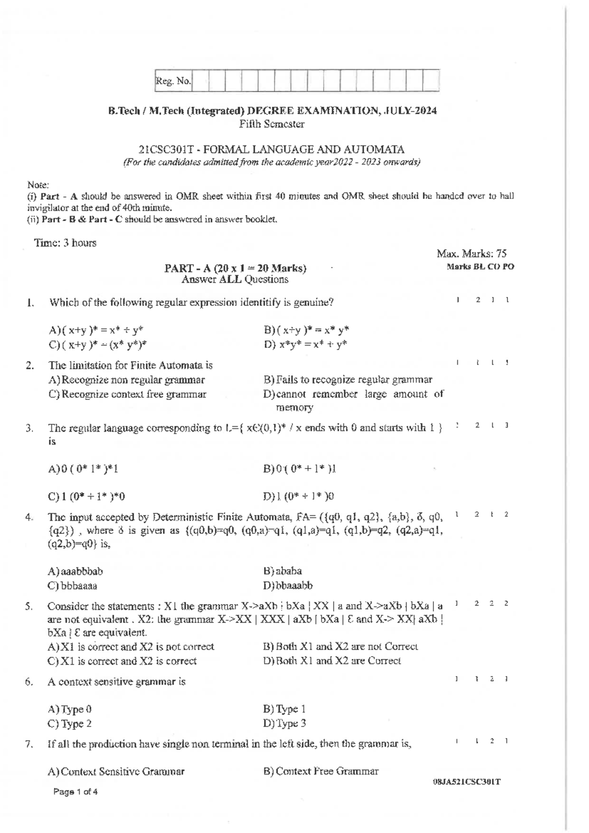 Previous Year Question Paper: 21CSC301T Formal Language & Automata Exam ...