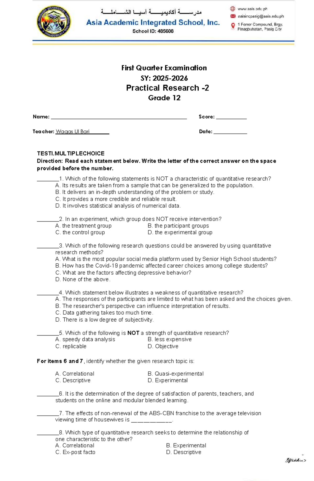 Grade 12 Practical Research Midterm Exam (SY: 2023-2024) - Studocu