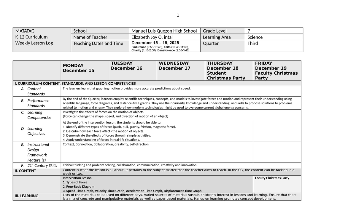 G7Q3W7 DLP Intal - Weekly Lesson Log on Forces and Motion - Studocu