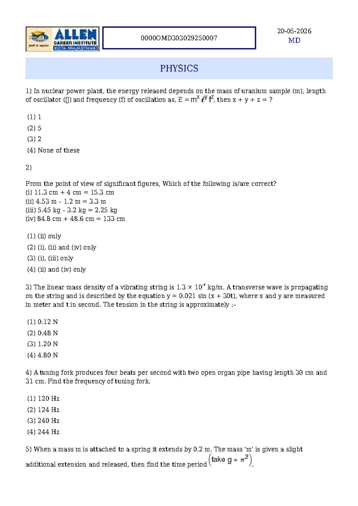 MD PHYSICS Major Test Series Solutions - Studocu