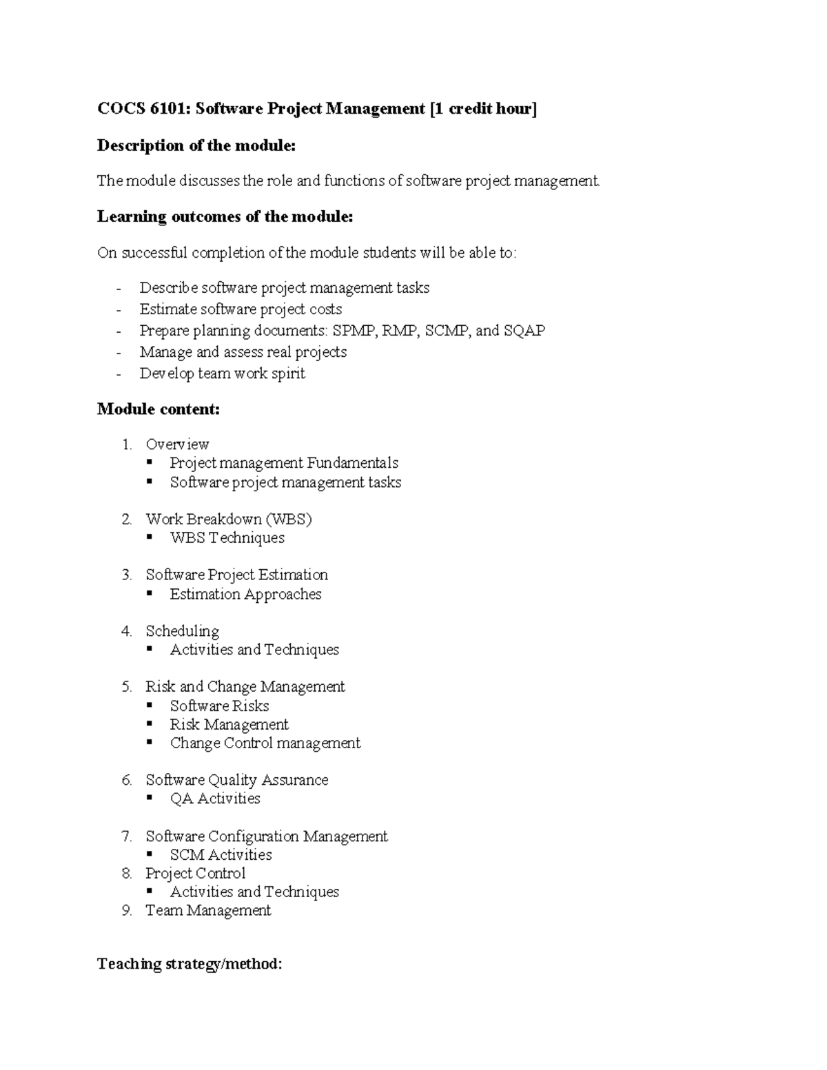 COSC 6101: Software Project Management Course Outline and Details - Studocu