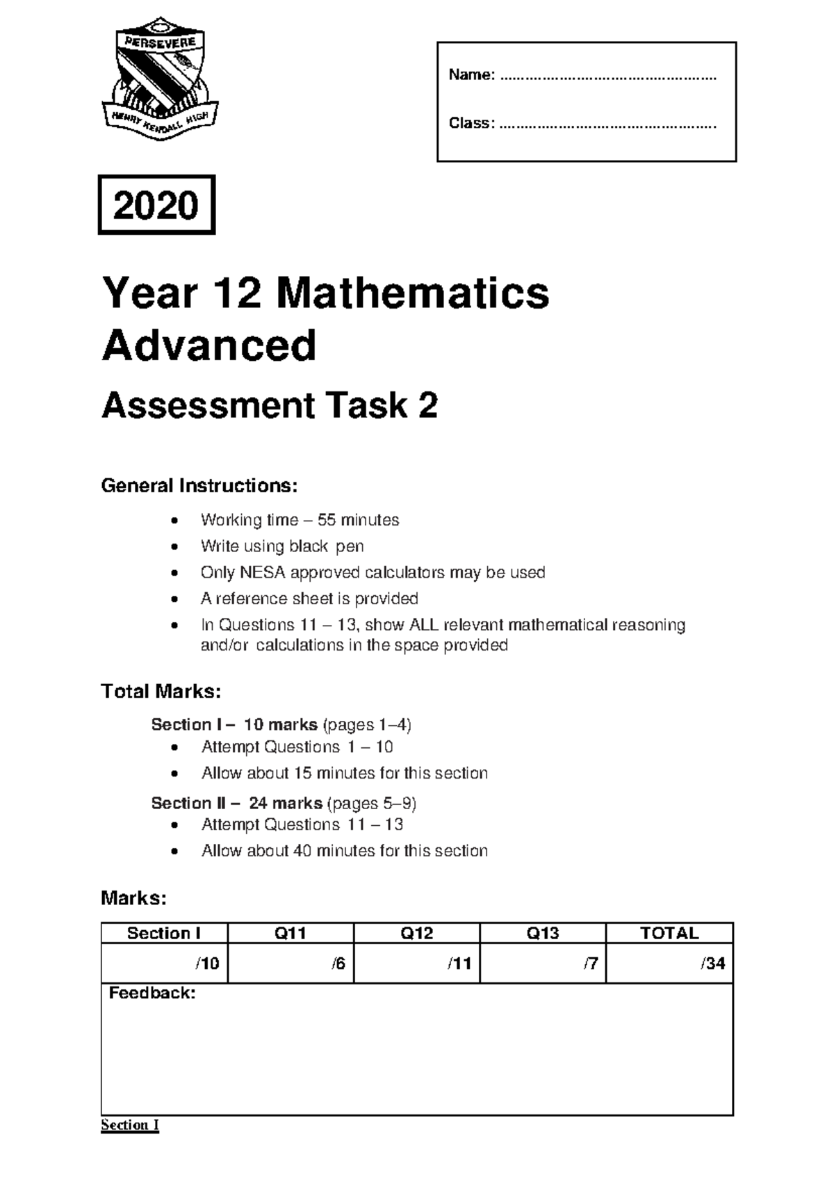 Year 12 Mathematics Advanced Assessment Task 2 - 2020 - Studocu