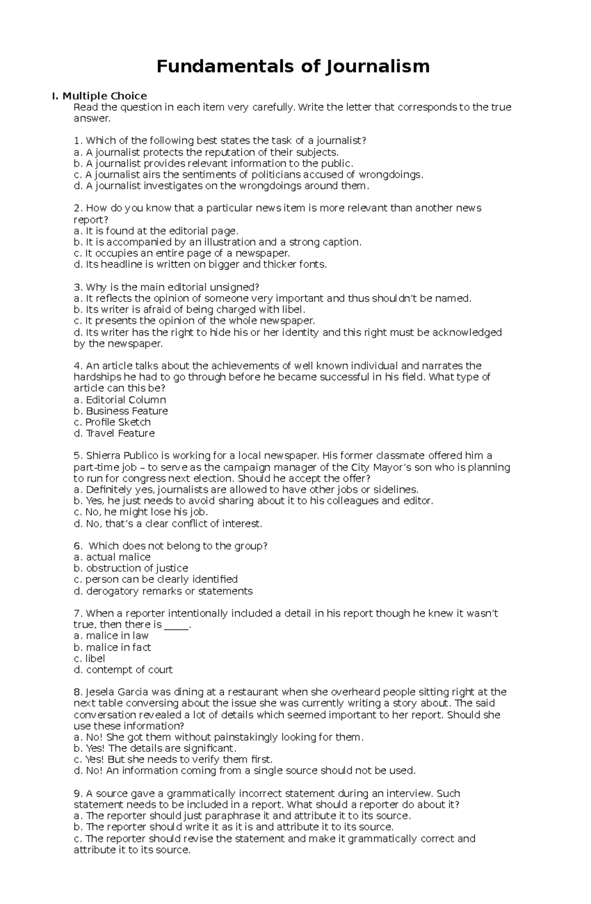 Reviewer on Fundamentals of Journalism - Fundamentals of Journalism I ...
