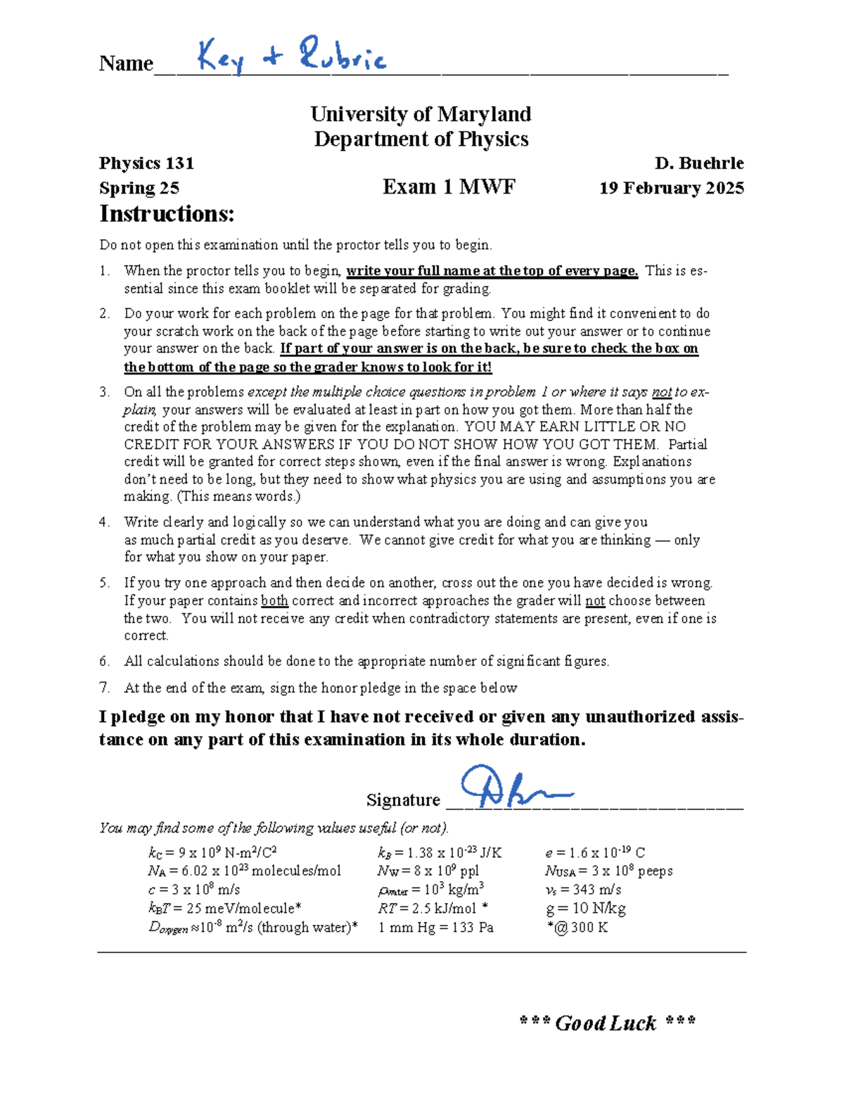 Physics 131 Spring 25 Exam 1 Instructions & Guidelines - Studocu