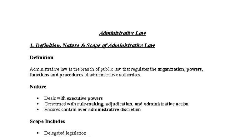 Administrative Law 1: Definition, Nature, and Scope Overview - Studocu