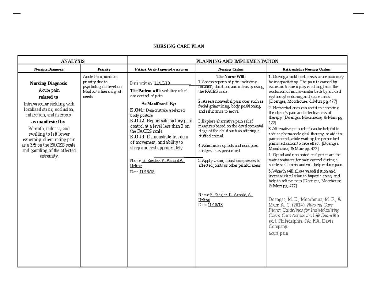 CARE PLAN Acute PAIN FOR Sickle CELL - NURSING CARE PLAN ANALYSIS ...