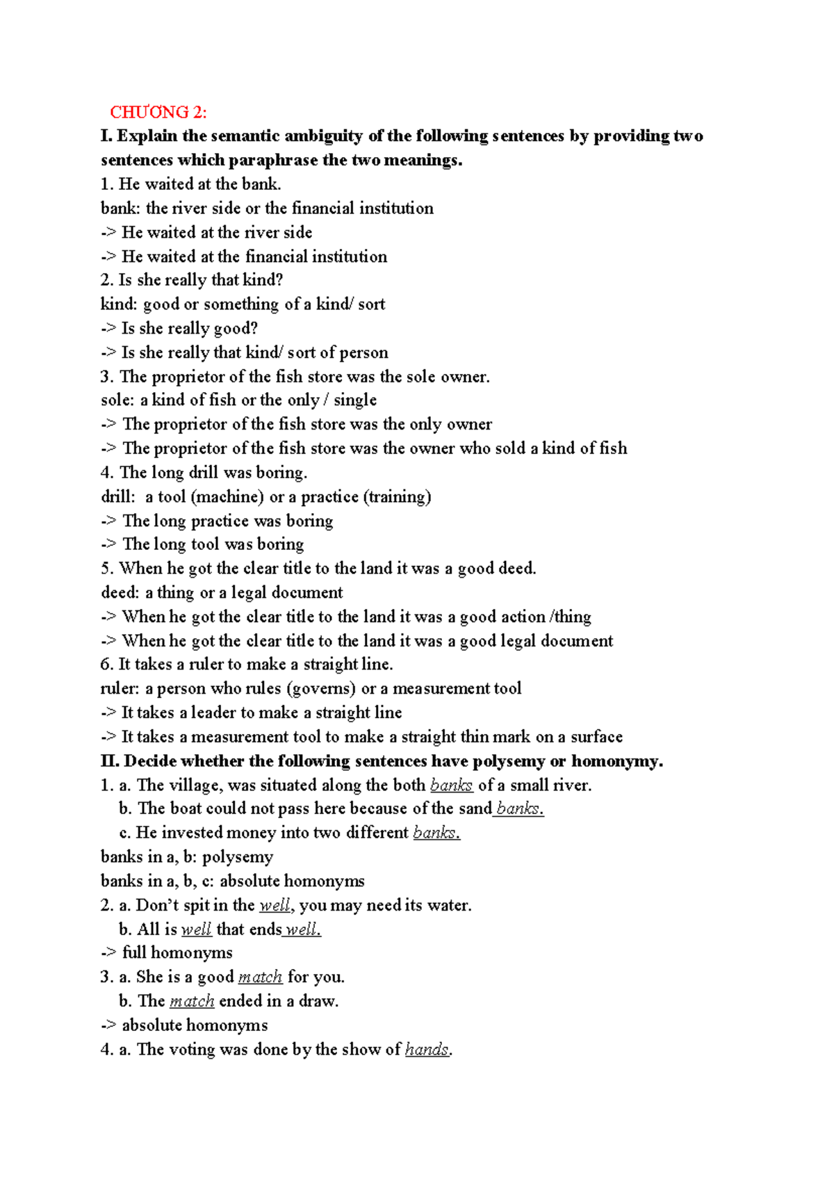 CHƯƠNG 2: Semantic Ambiguity and Homonymy Exercises - Studocu